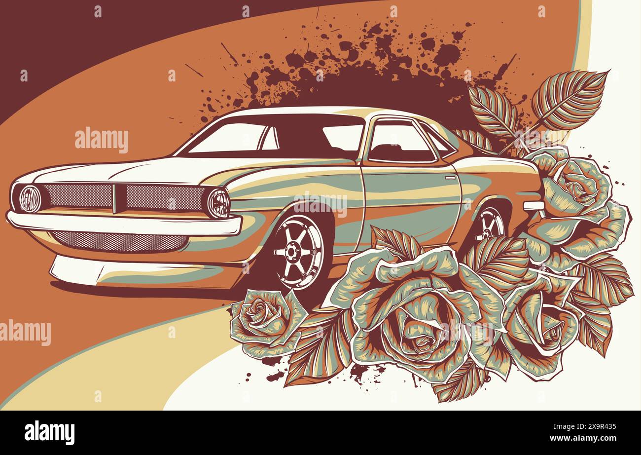 vector illustration of muscle car with roses flower Stock Vector Image ...