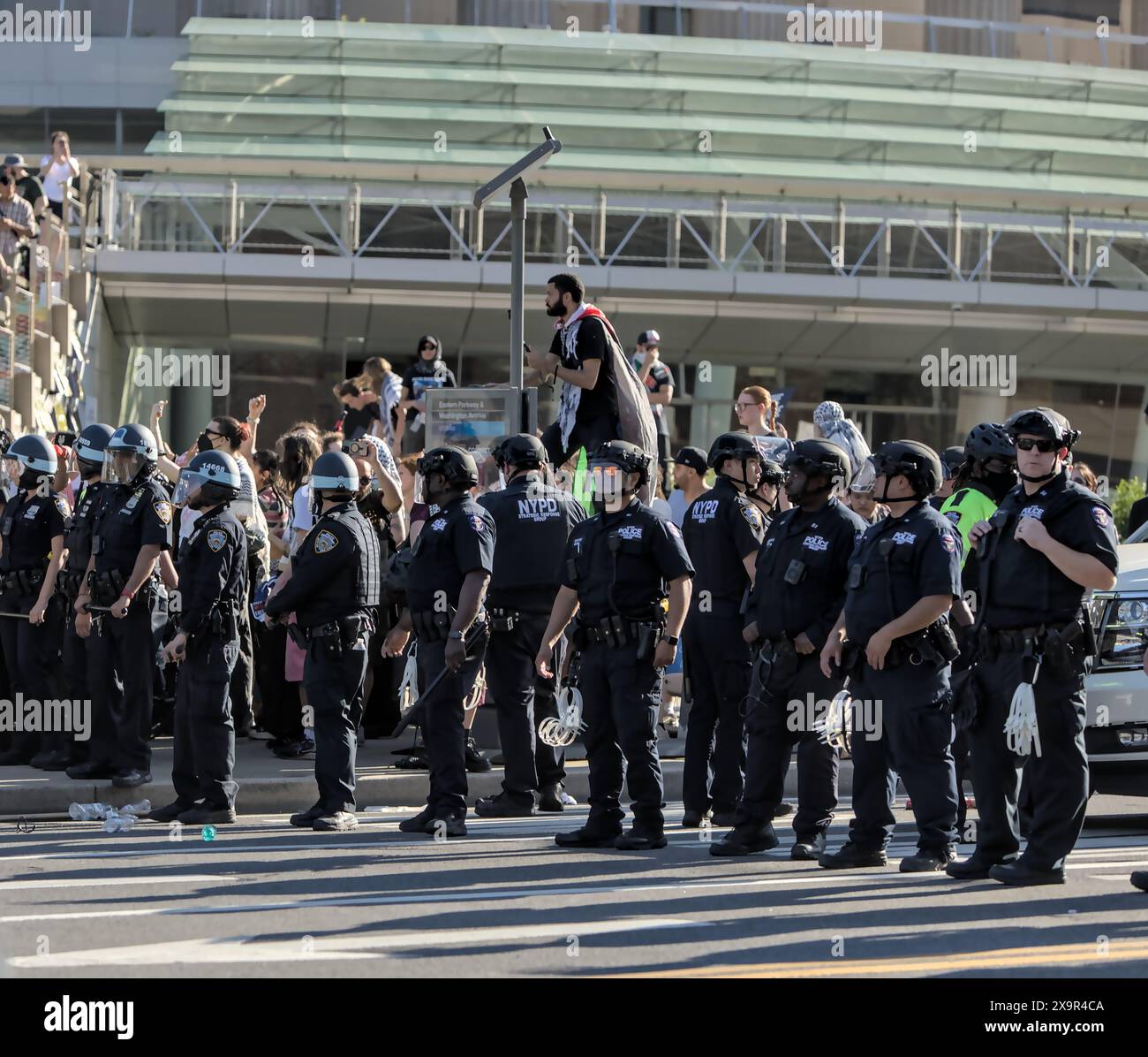 Brooklyn, NY - May 31 2024: NYPD police officers observe pro Palestine ...