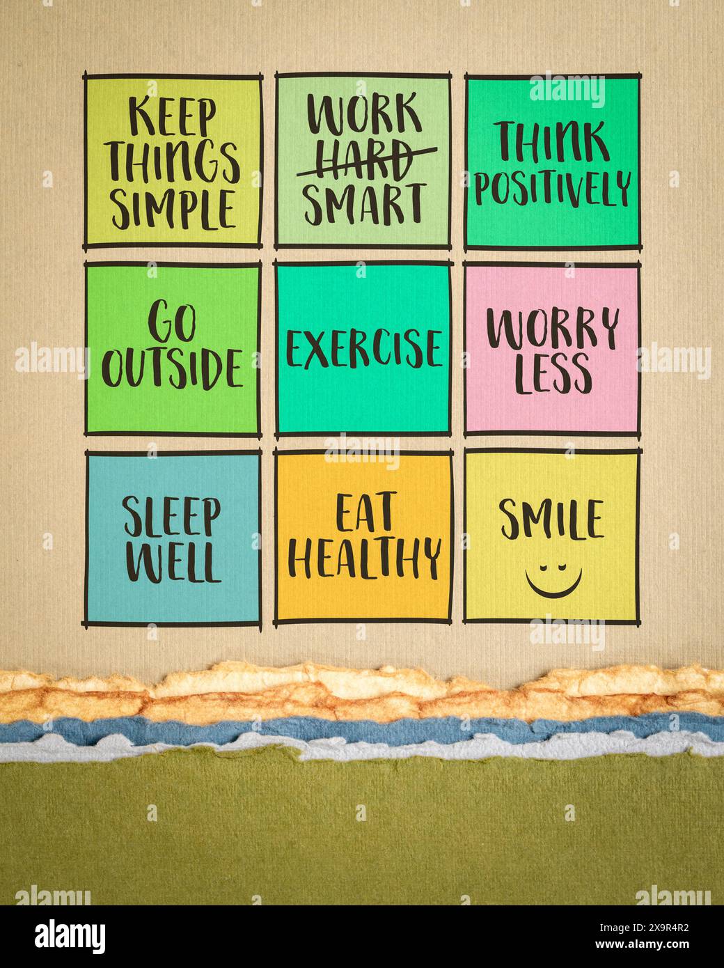 healthy lifestyle reminders, a set of colorful notes on. art paper ...