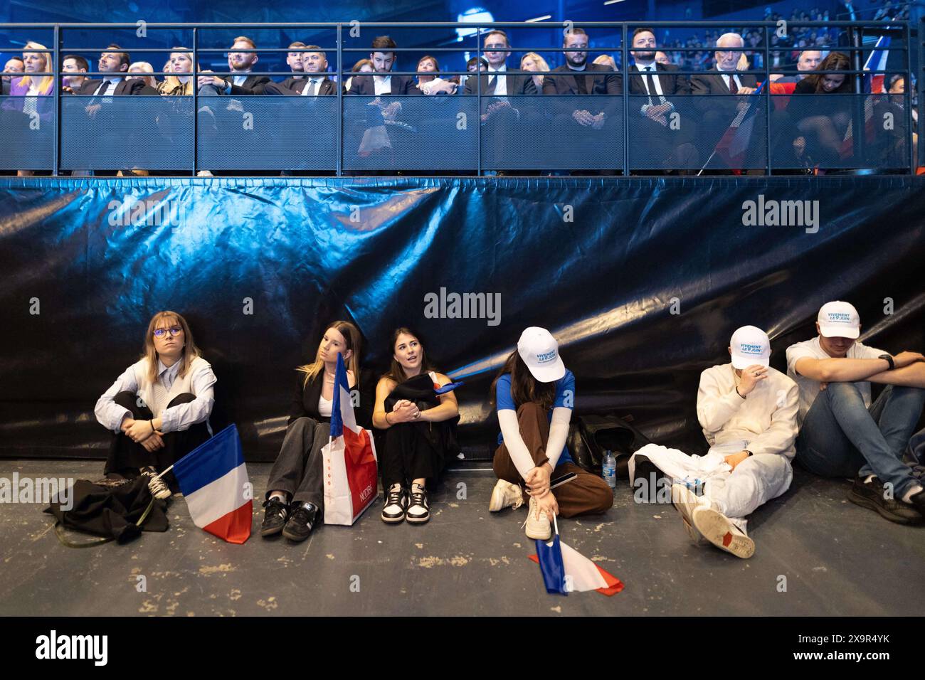Paris, France. 02nd June, 2024. Young supporters hold french flags and ...