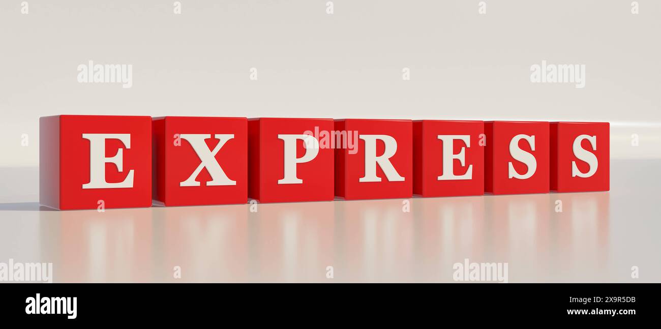 Express Express, single word. Red dices with white letters and the text ...