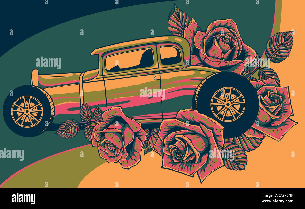 vector illustration of hot rod car with roses Stock Vector Image & Art ...