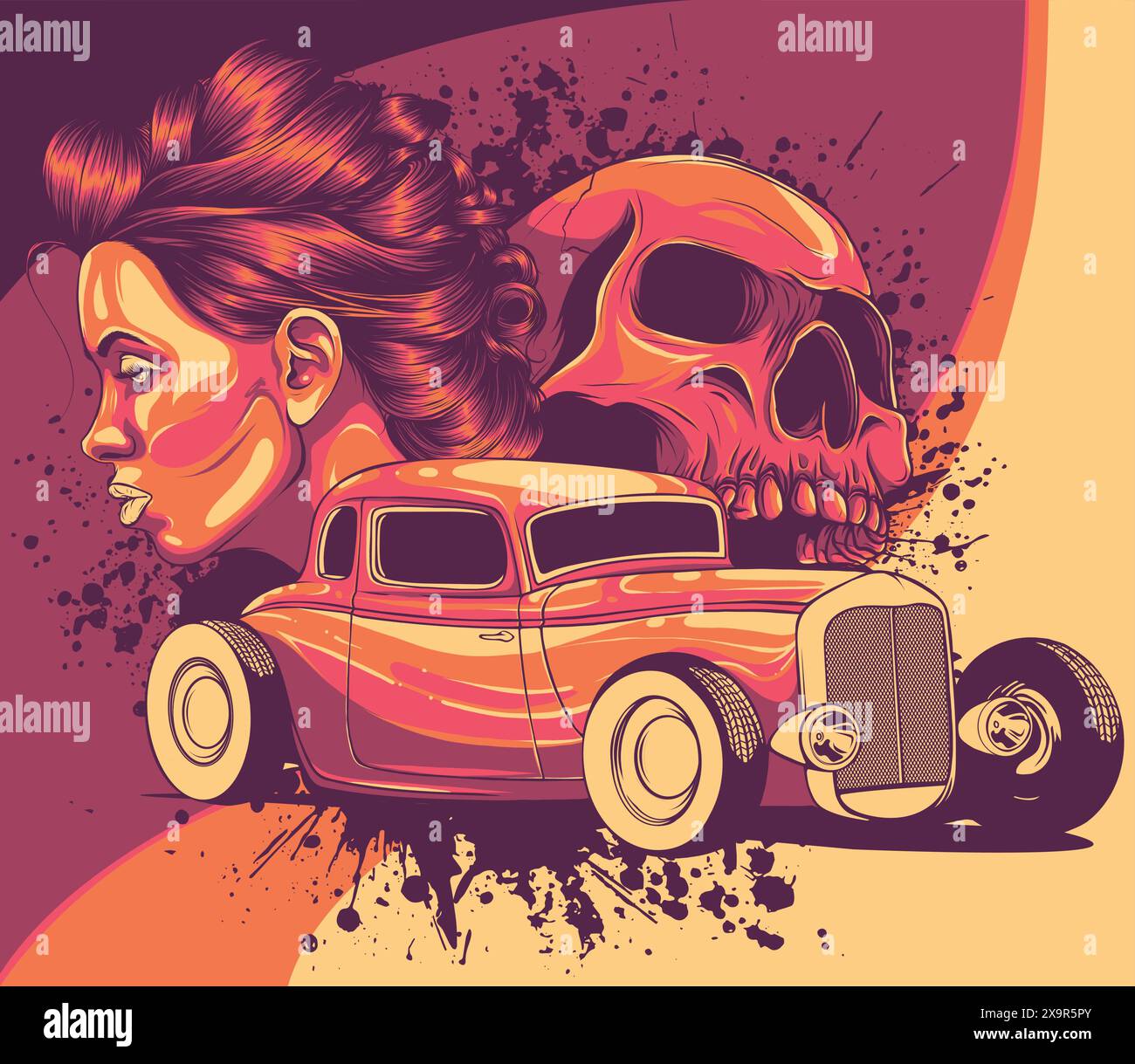 vewctor illustration of hot rod car with woman and skull Stock Vector ...