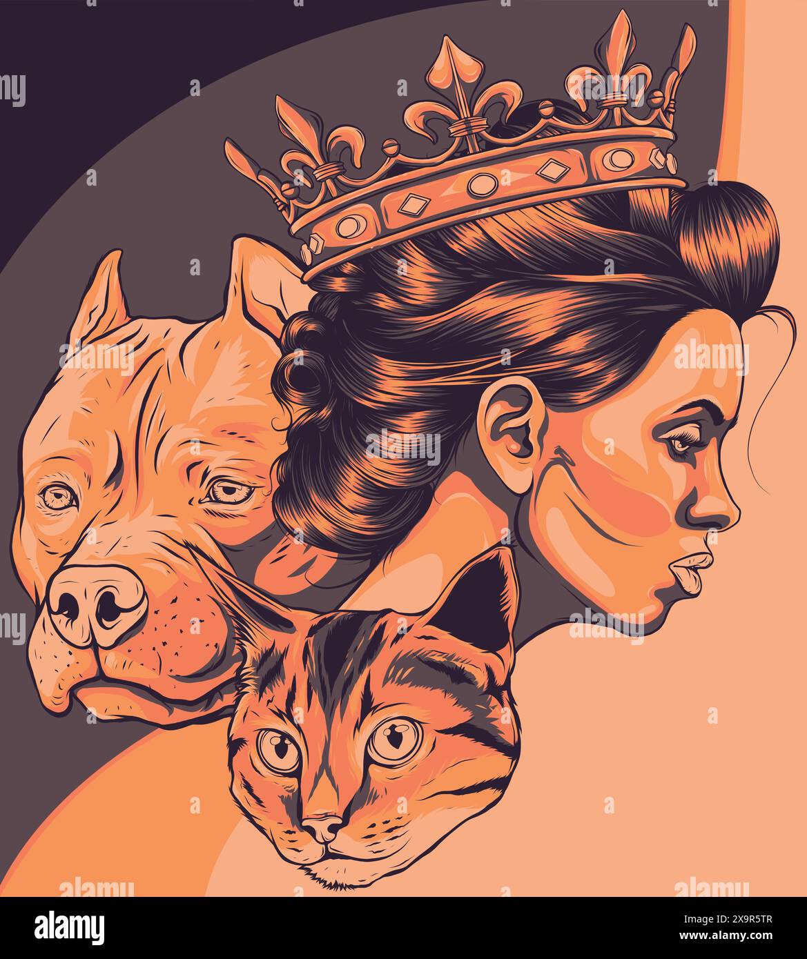 vector illustration of Queen of death with dog and cat head Stock ...