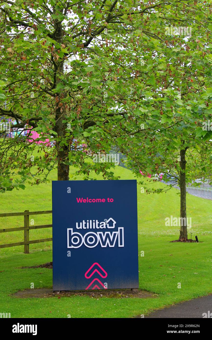 Signage at the Utilita Bowl, home of Hampshire Cricket Club, West End, Southampton, Hampshire ...