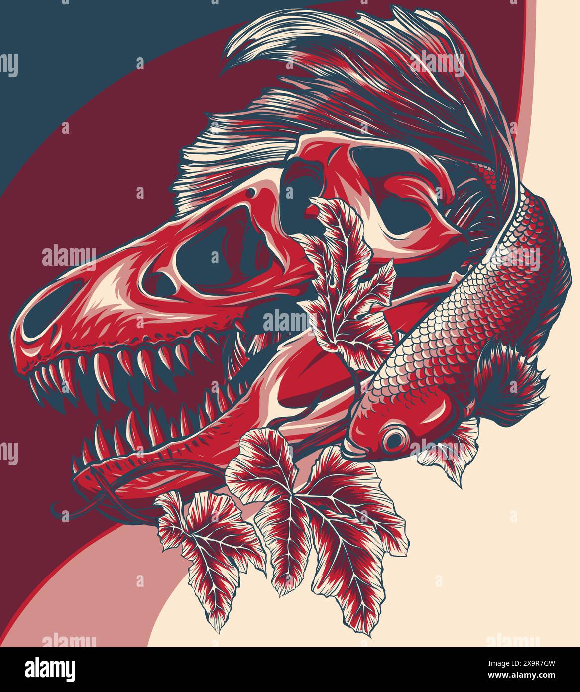 vector illustration of T-rex Skull with betta fish Stock Vector Image ...