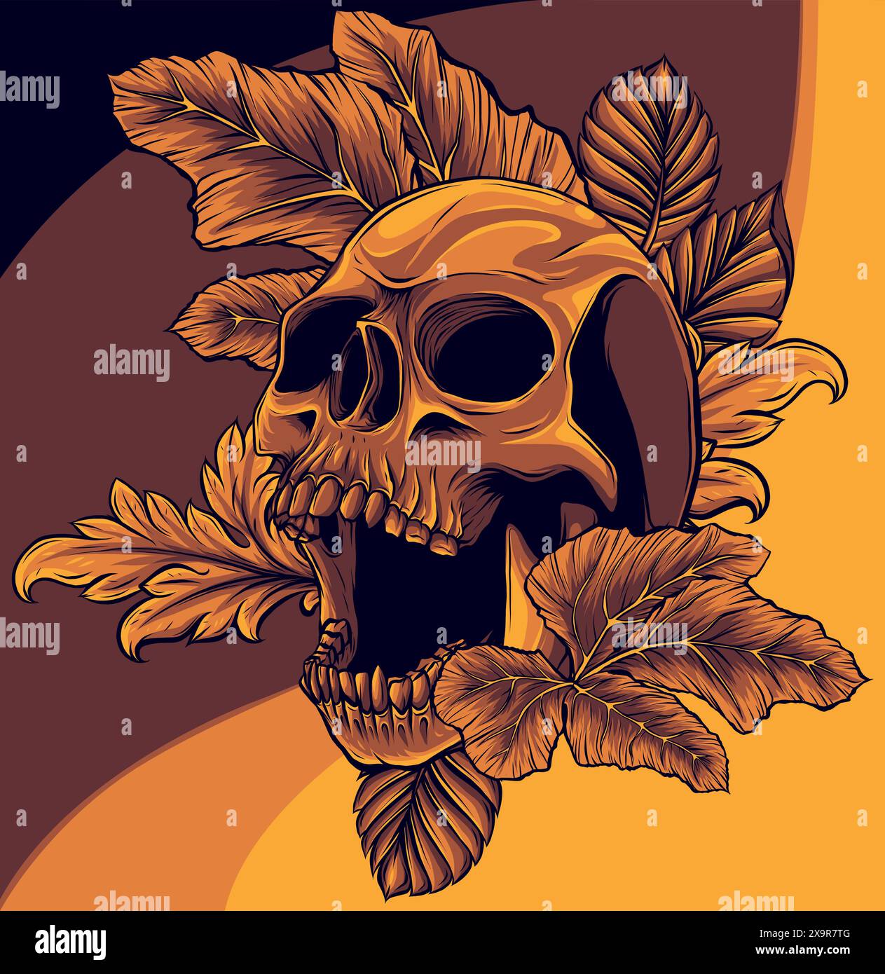 vector illustration of Skull and leaves on white background Stock ...