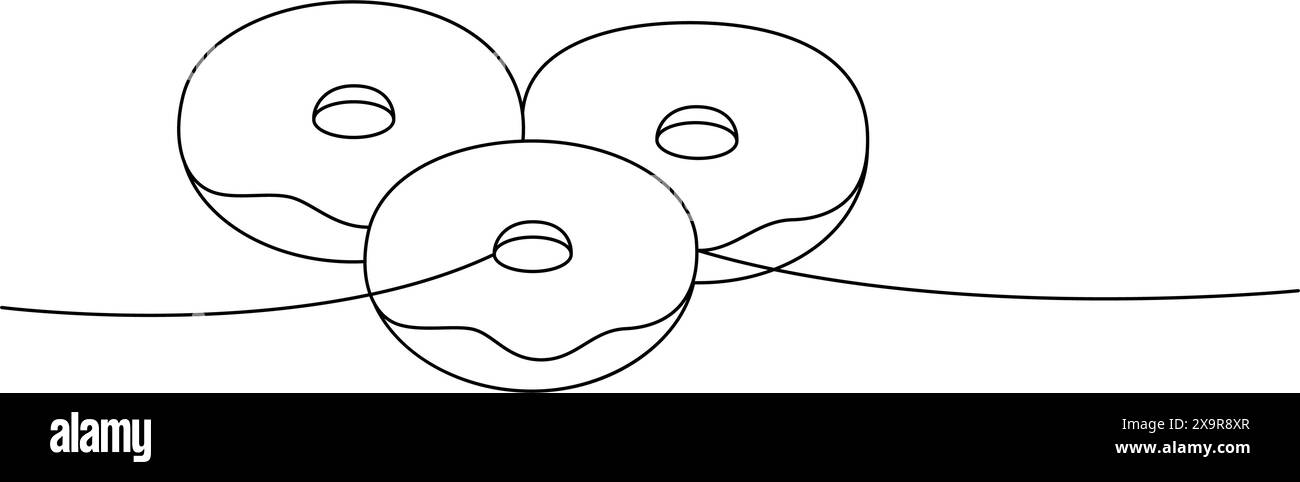 Donuts with icing one line continuous drawing. Bakery sweet pastry food ...