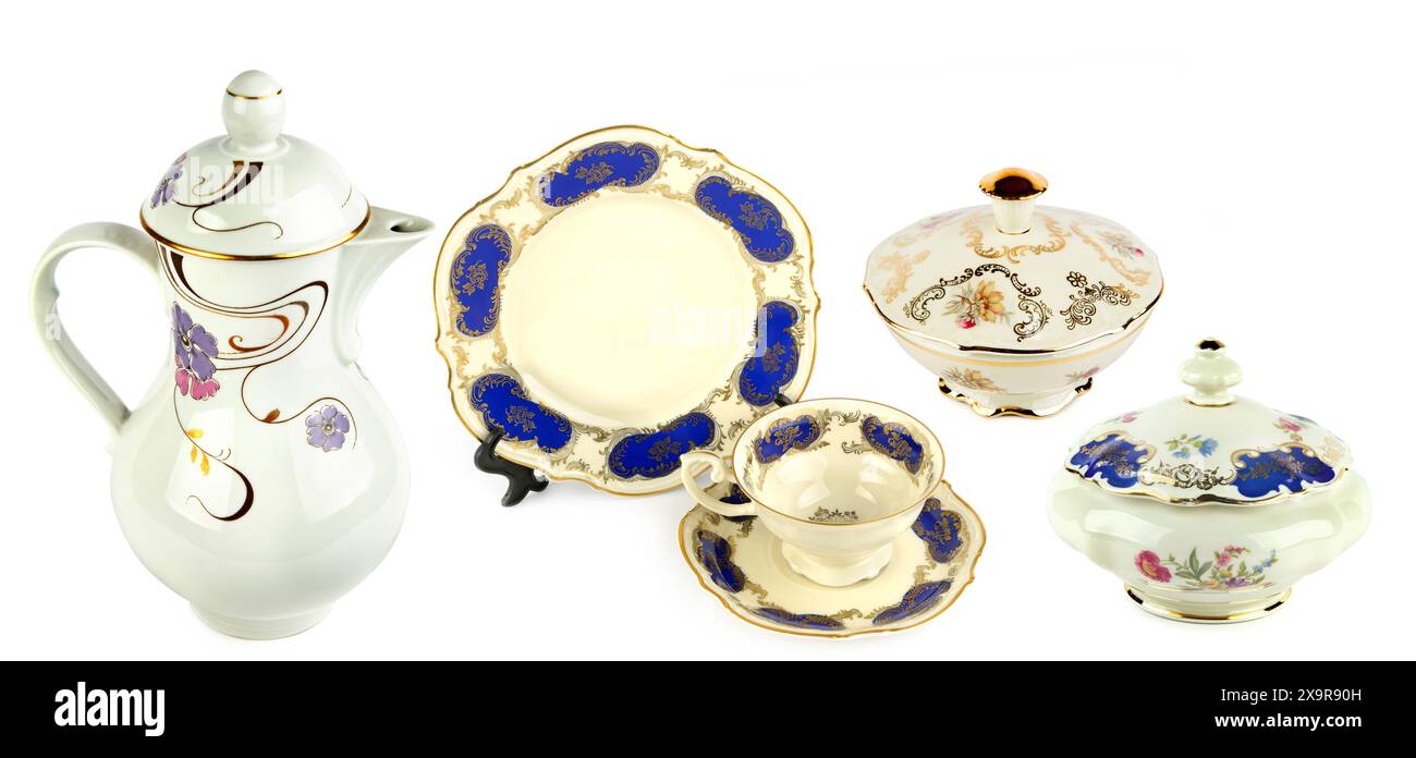Vintage porcelain tableware isolated on white background. Collage. Wide ...