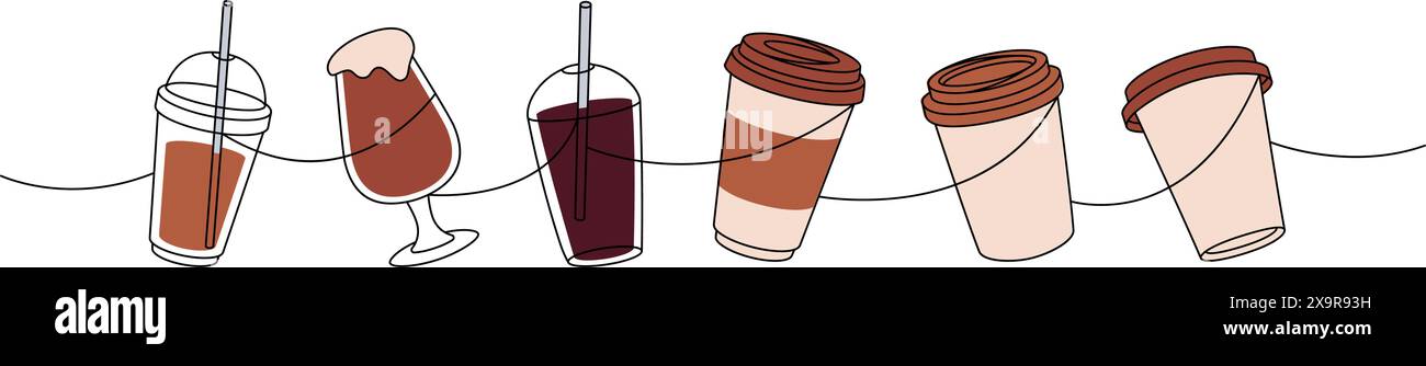 Takeaway coffee cups one line colored continuous drawing. Hand drawn ...
