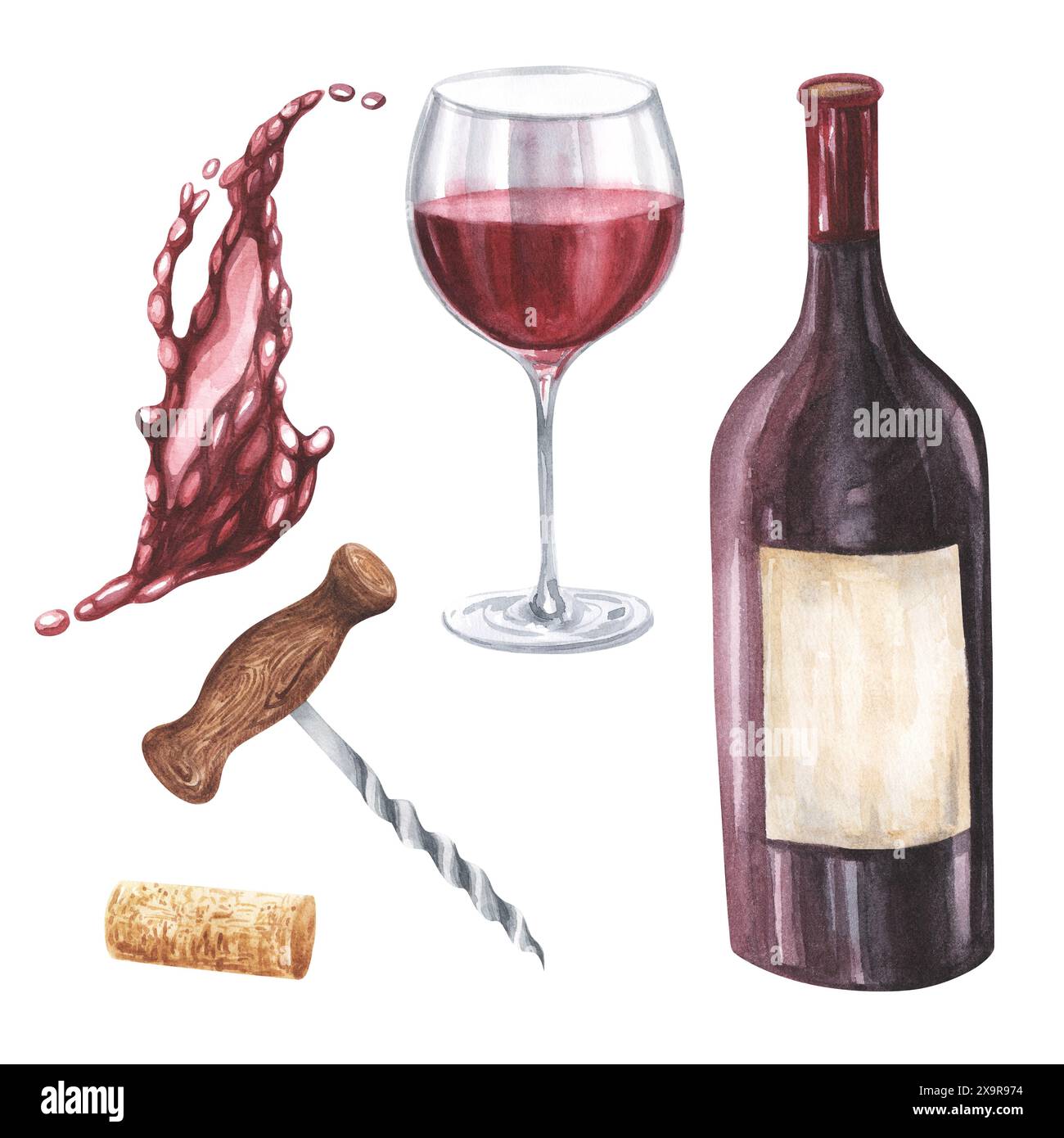 Glass and bottle of red wine hand drawn watercolor illustration set ne ...