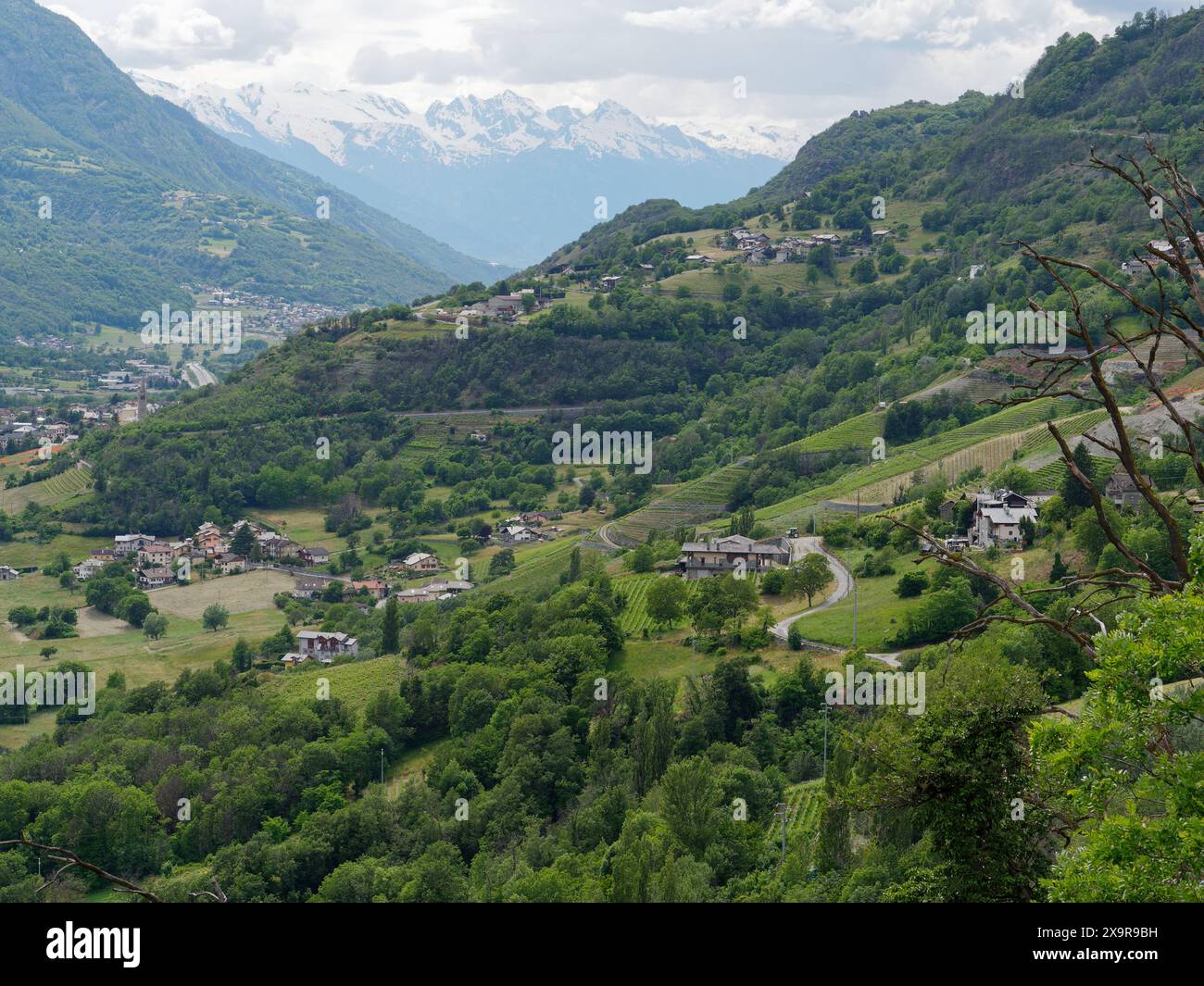 Countryside and roads near the town of Nus in the Aosta Valley with the ...