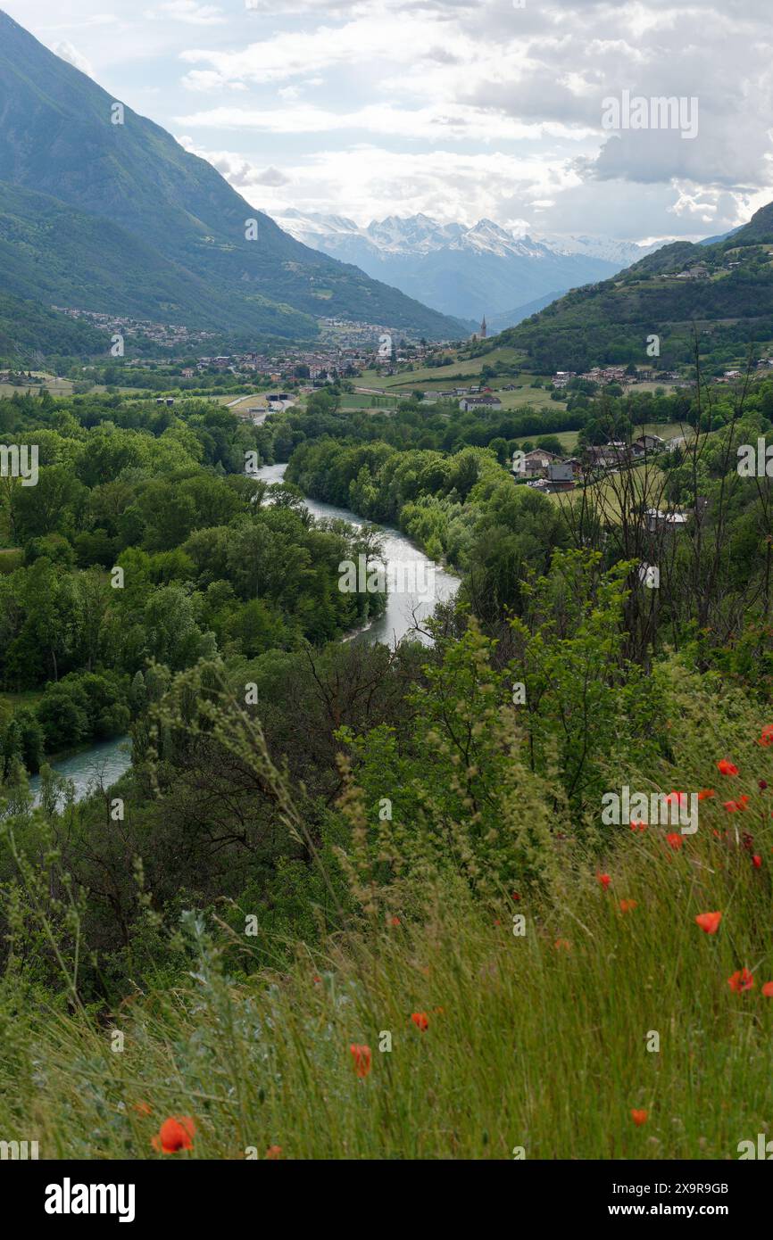 River Dora Baltea and countryside near the town of Nus with Mont Blanc ...