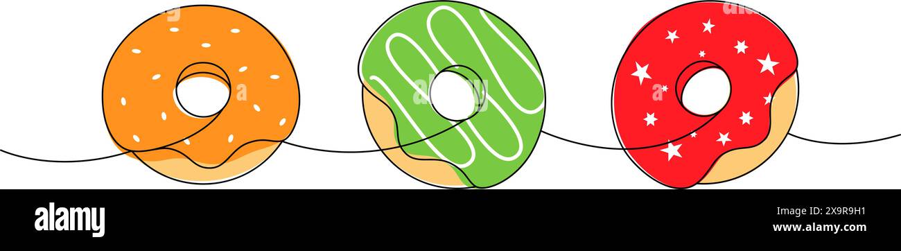 Glazed donuts. Take away donuts one line colored continuous drawing ...