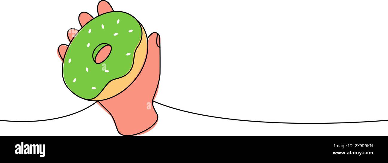 Hand holding donut with icing one line colored continuous drawing ...