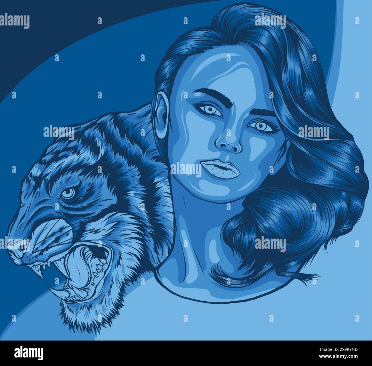 vector illustration of woman with long hair and roaring wild tiger head Stock Vector Image & Art ...