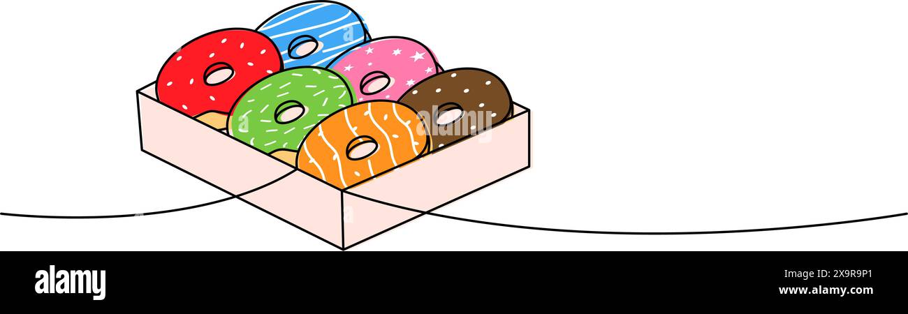 Glazed donuts in box one line colored continuous drawing. Bakery sweet ...