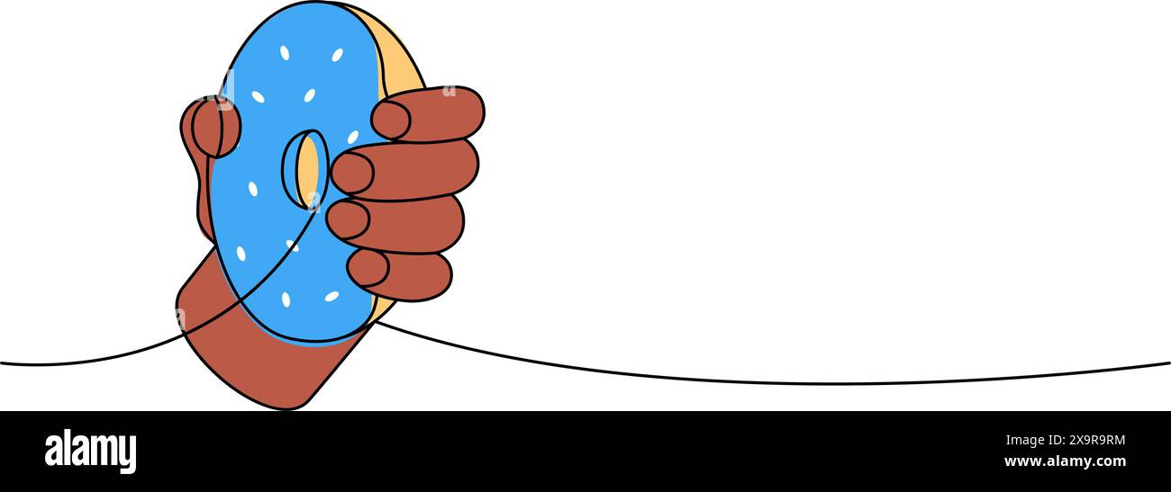 Hand holding a donut one line colored continuous drawing. Bakery sweet ...