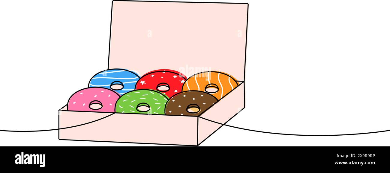 Donuts in a cardboard box one line colored continuous drawing. Bakery ...