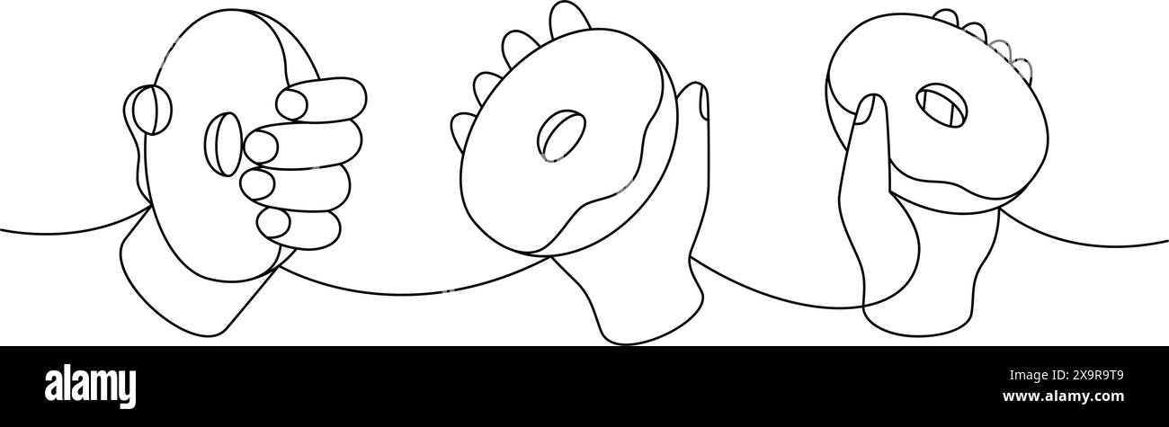 Hands holding donuts one line continuous drawing. Bakery sweet pastry ...