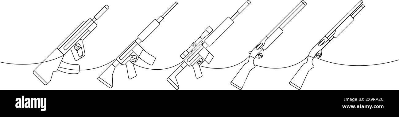 Modern weapons one line continuous drawing. Tactical assault rifles ...