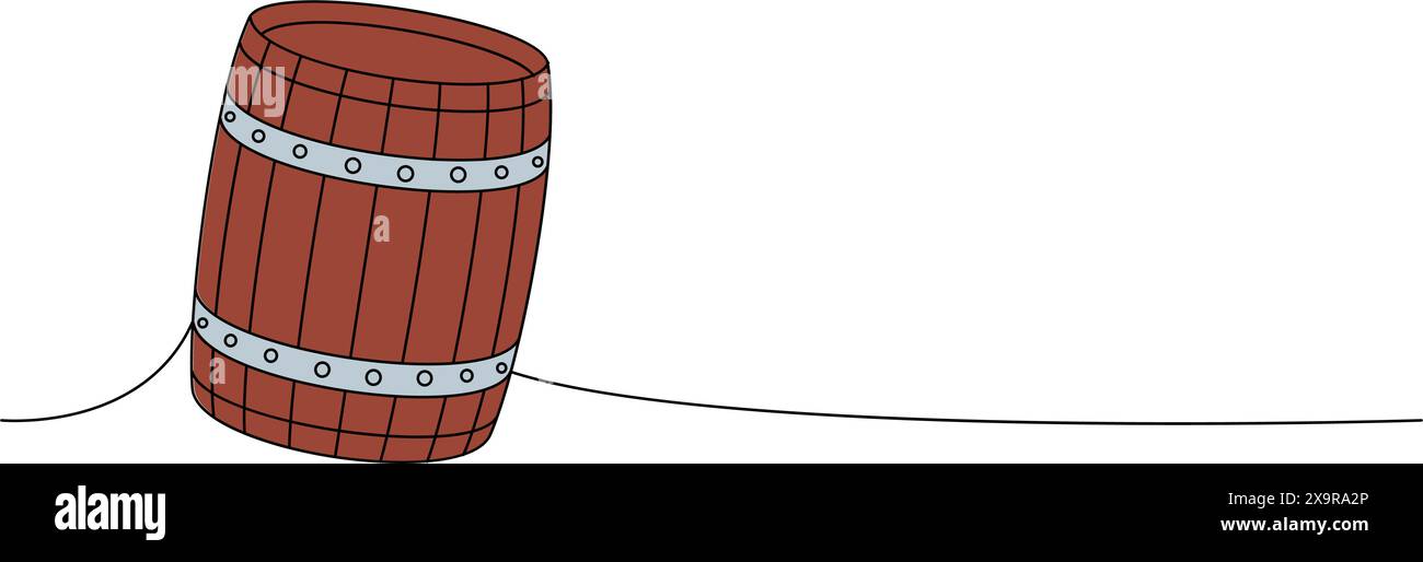 Old cask one line colored continuous drawing. Wooden barrel continuous ...