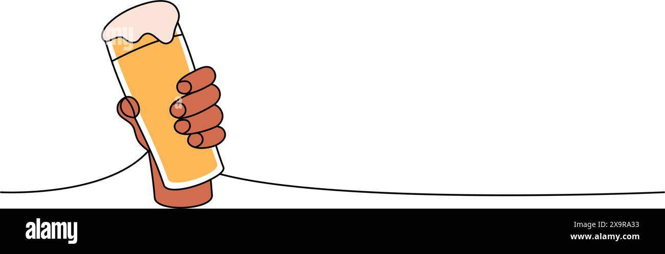 Hand holding a beer mug one line colored continuous drawing. Beer pub ...