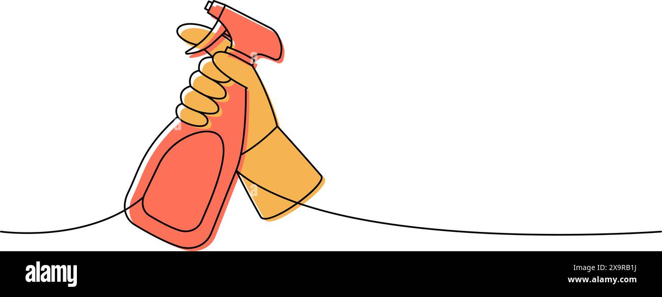 Hand with disinfectant spray one line colored continuous drawing ...