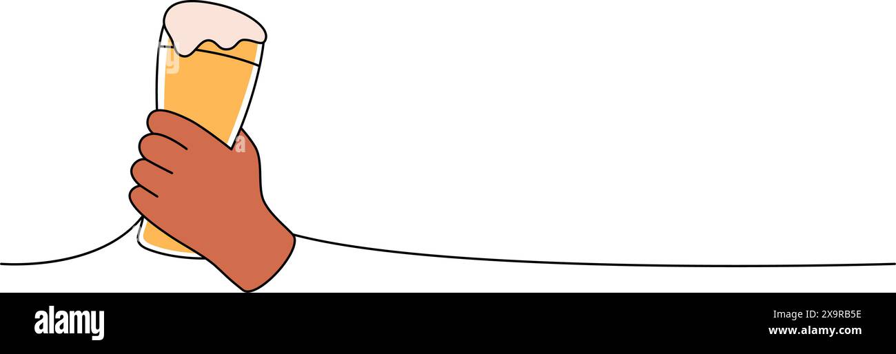 Hand holding a beer glass one line colored continuous drawing. Beer pub ...