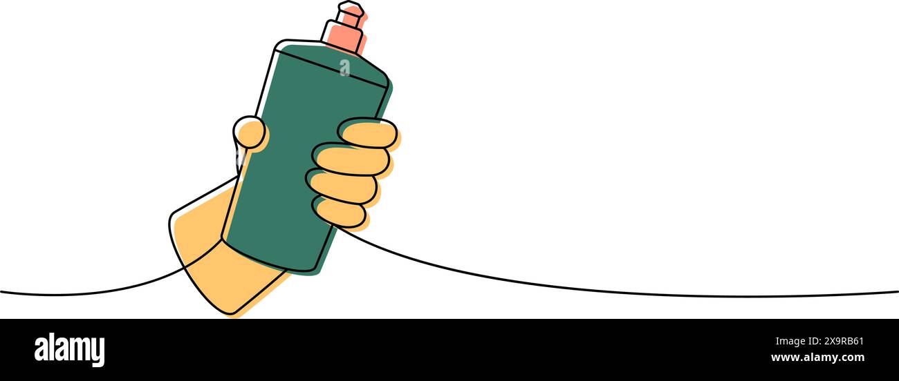 Hand with anti-bacterial spray one line colored continuous drawing ...