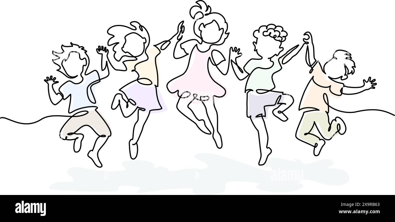 Happy jumping children holding hands. Continuous one line drawing Stock ...