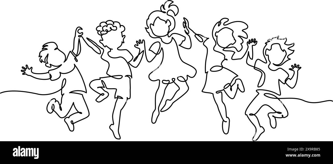 Happy jumping children holding hands. Continuous one line drawing Stock ...