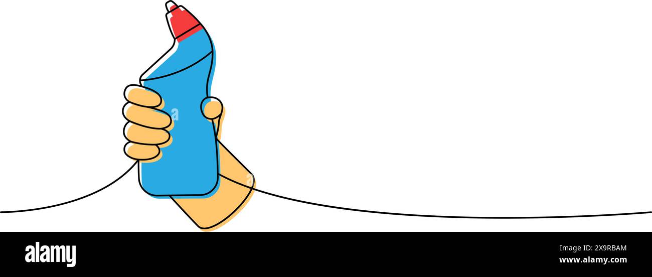 Hand with toilet cleaner one line colored continuous drawing. Cleaning ...