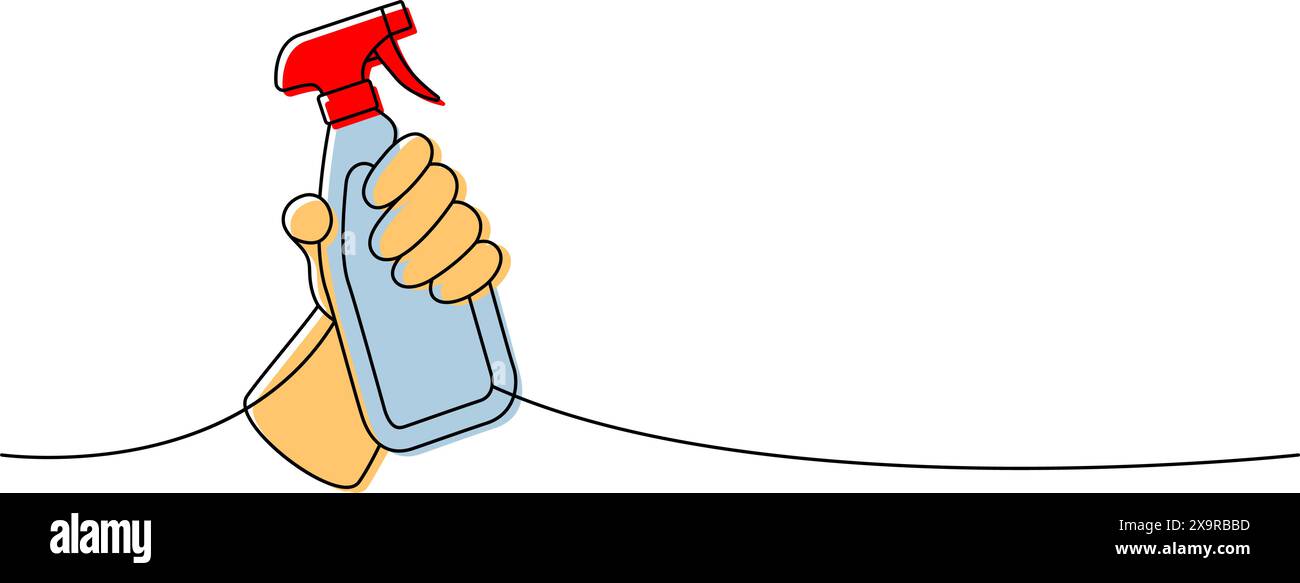 Hand with anti-bacterial spray one line colored continuous drawing ...