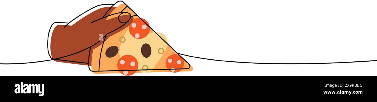 Hand holding a italian pizza slice one line colored continuous drawing ...