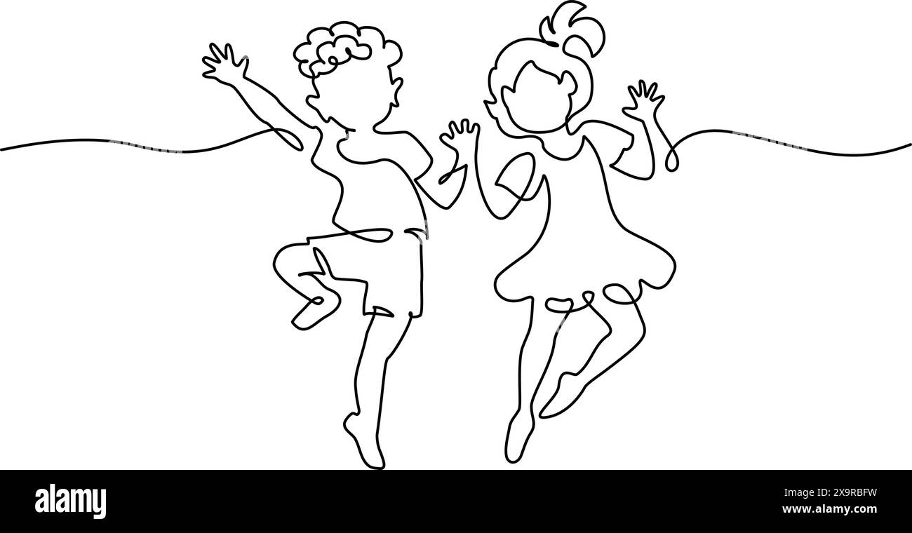 Happy jumping children holding hands. Continuous one line drawing Stock ...