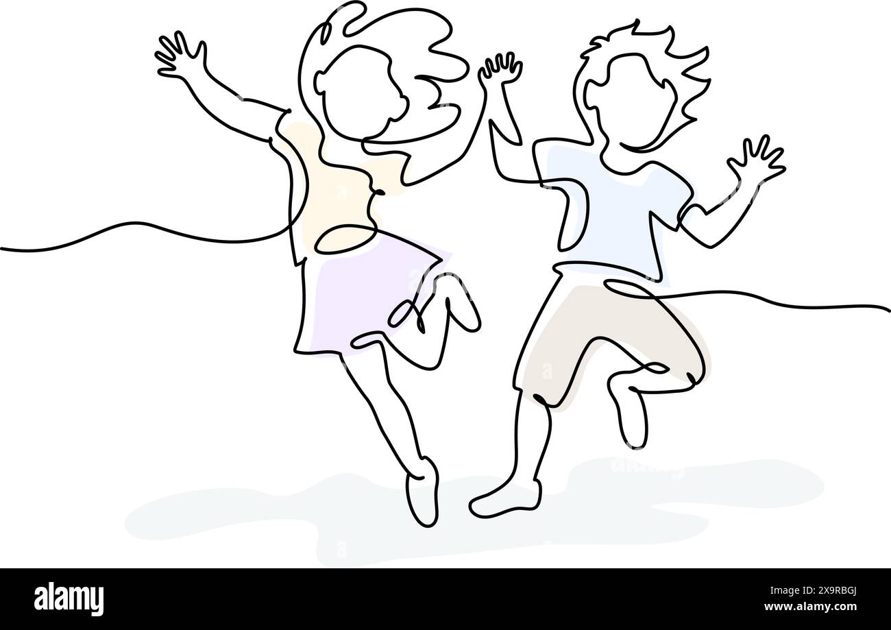 Happy jumping children holding hands. Continuous one line drawing Stock ...