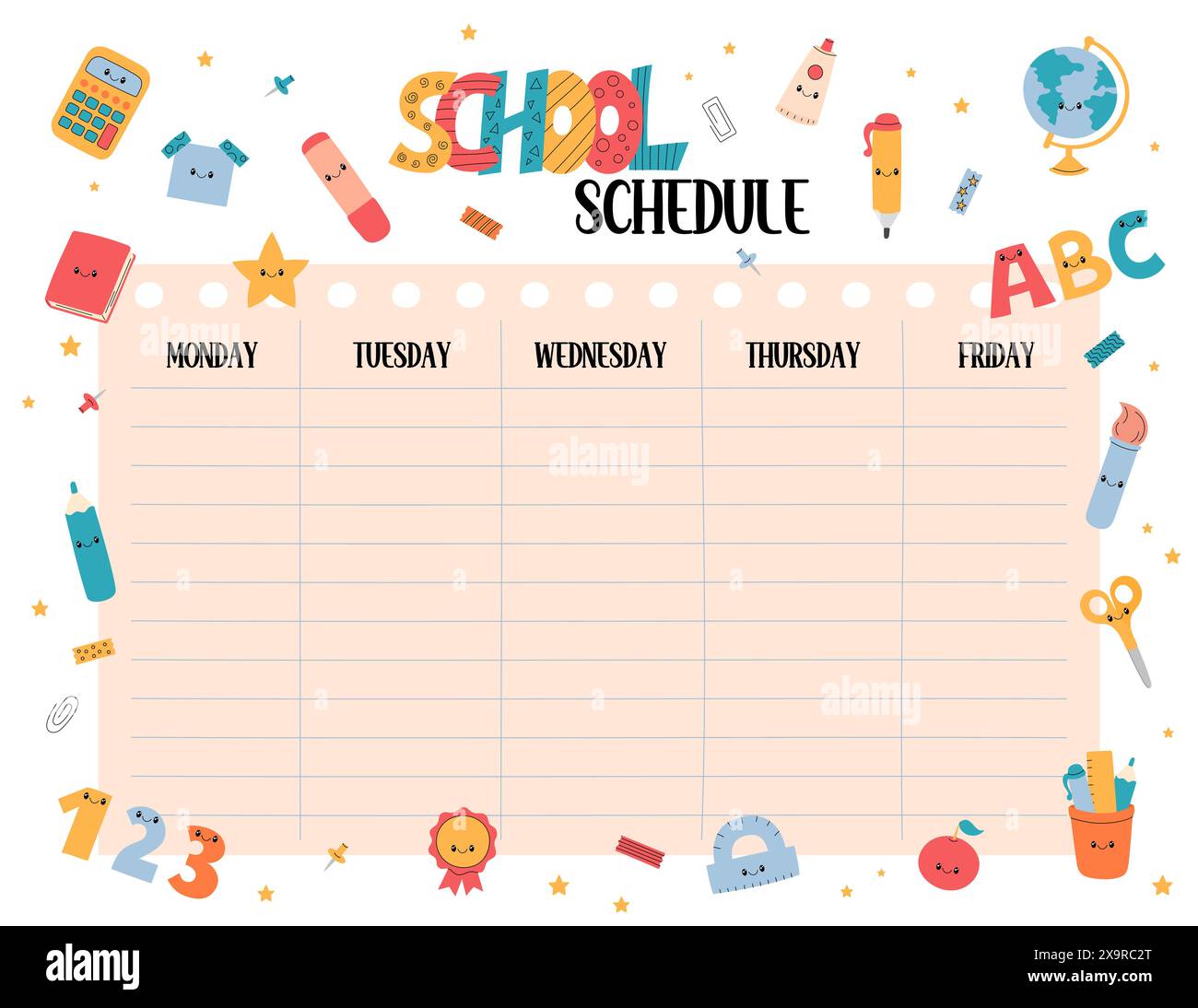 Cute school schedule vector template printable US Letter size. Weekly ...