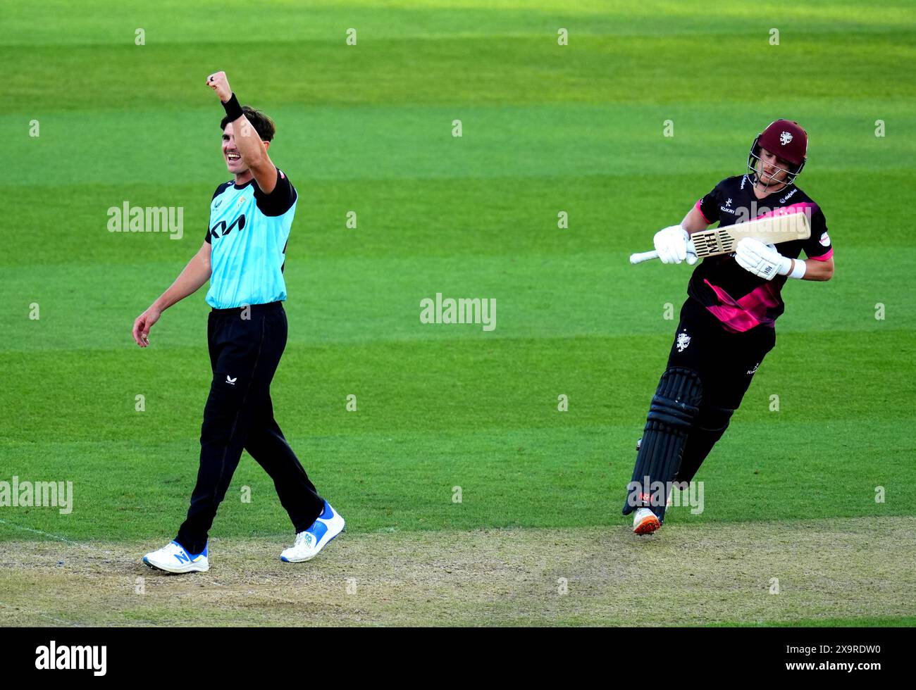 Surrey's Sean Abbott celebrates after taking the wicket of Somerset's ...