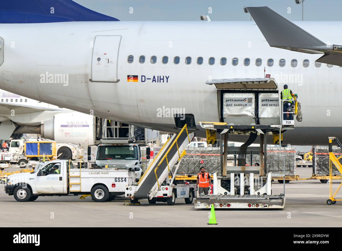 Washington DC, USA - 29 April 2024: Air freight pallets being loaded ...