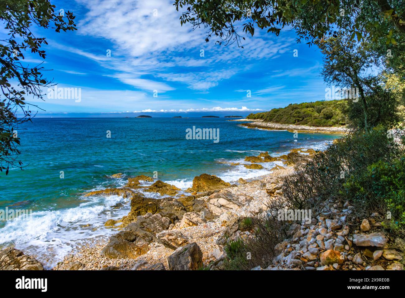 Empty rocky beaches inaccessible to tourists on the Istrian coast in ...