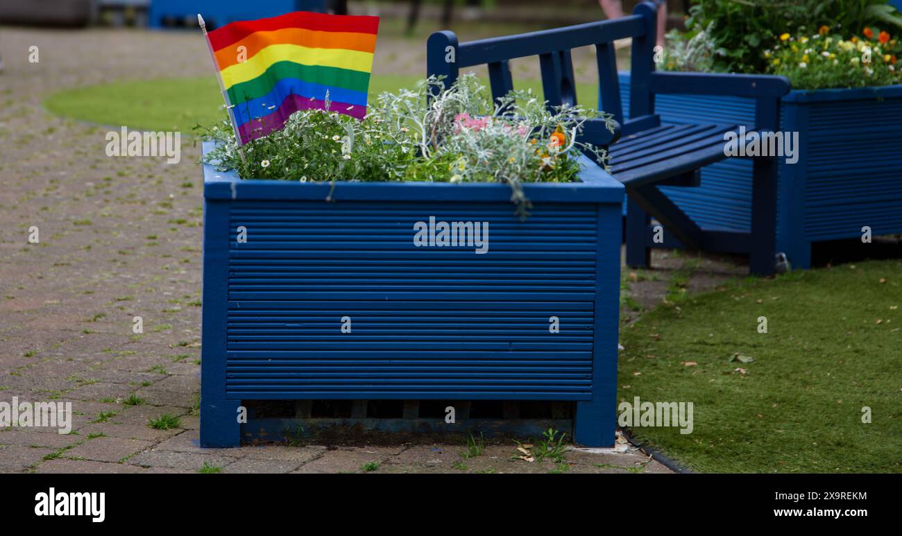 Blue garden planter box with colorful flowers and a pride flag at the ...