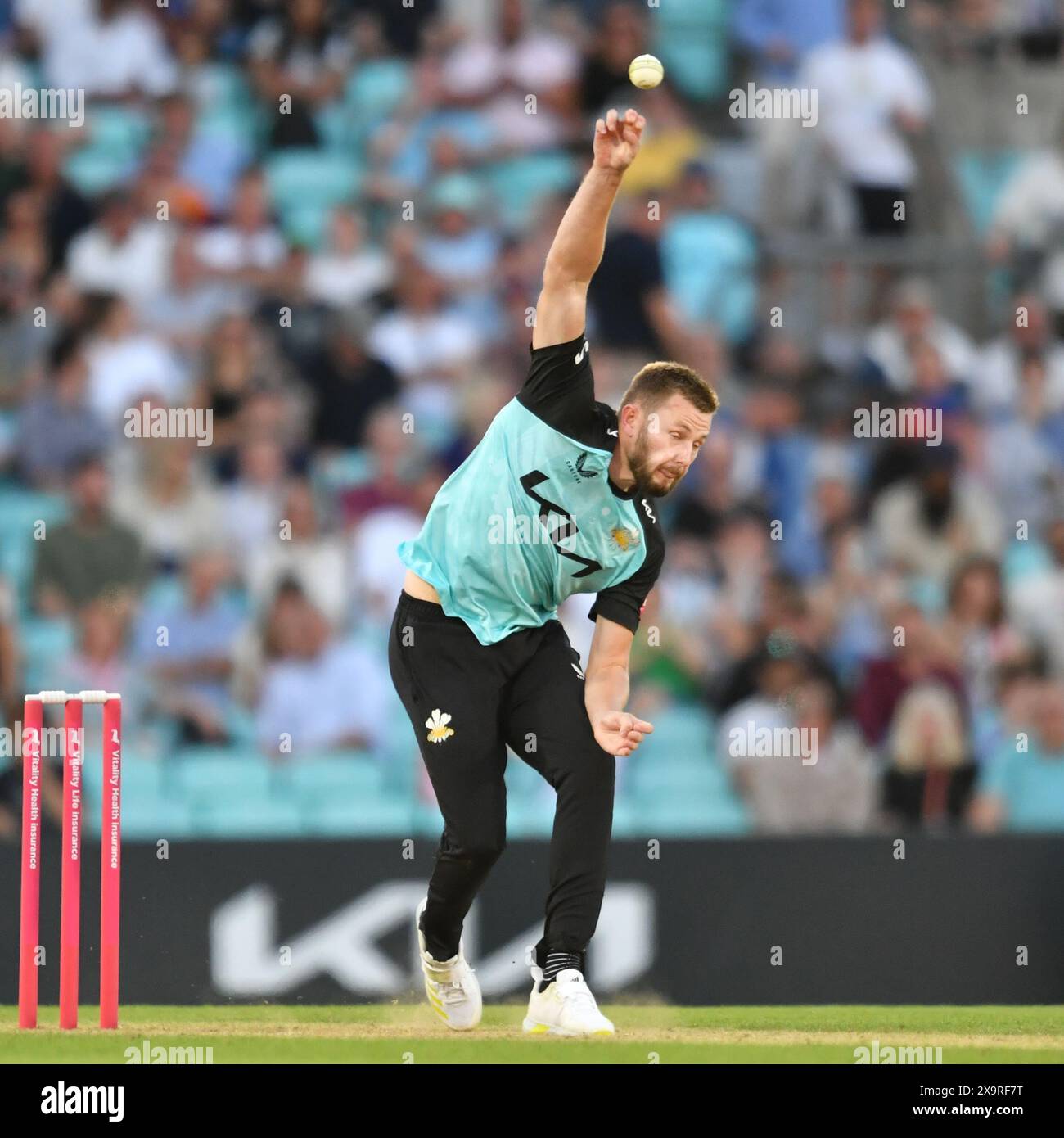 London, England. 2nd Jun 2024. Gus Atkinson bowls during the Vitality ...