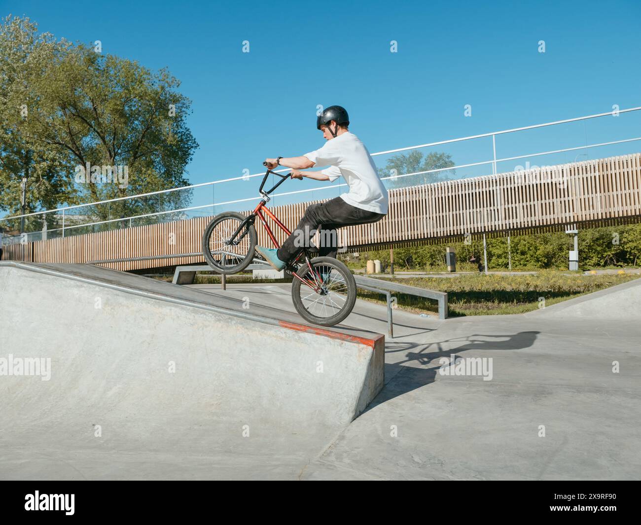 Skilled BMX rider performing Manual trick in ramp park. Young BMX ...