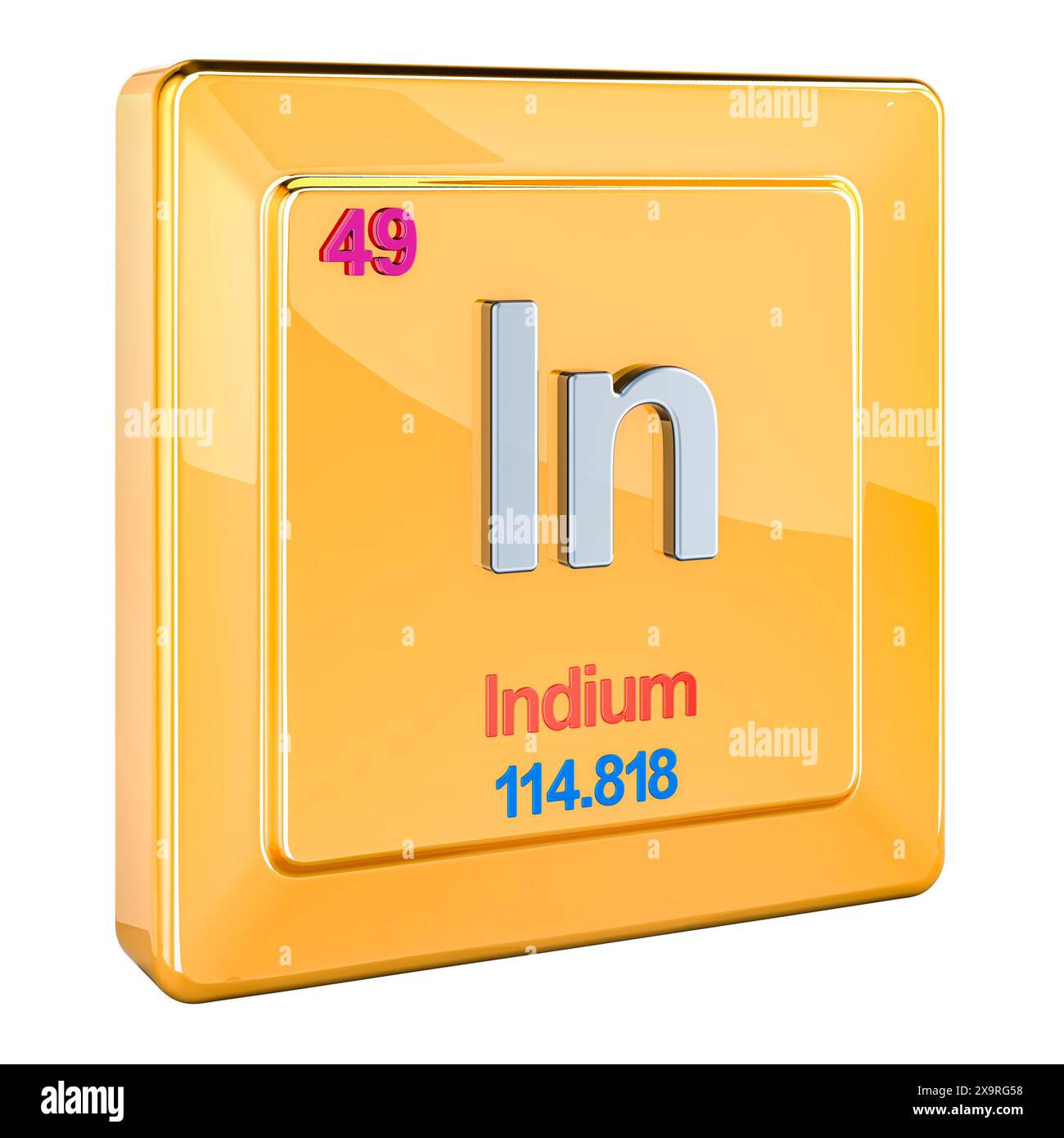 Indium In, chemical element sign with number 49 in periodic table. 3D ...