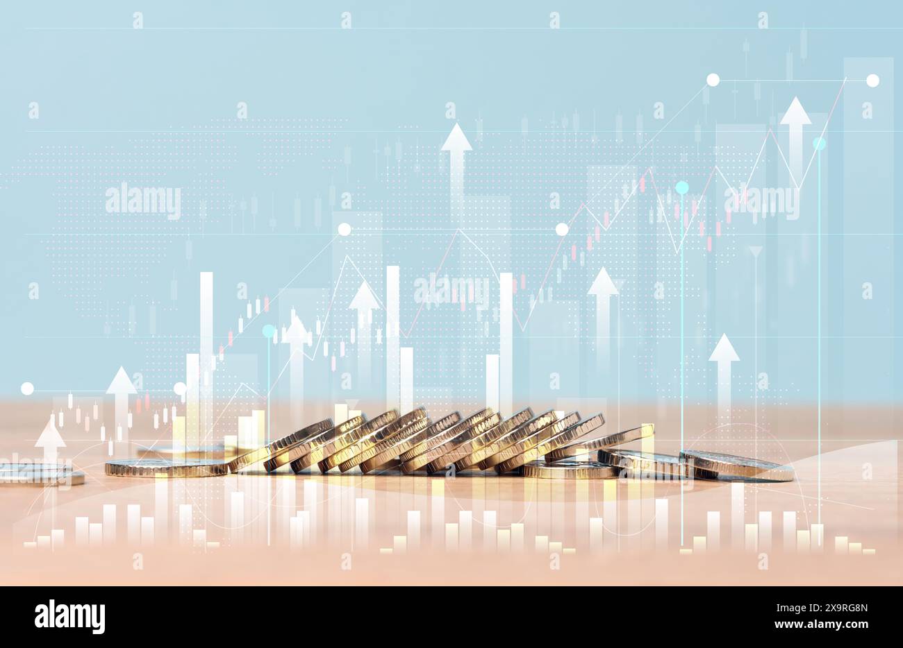 A stack of coins and a graph with growing indicators on a blue ...