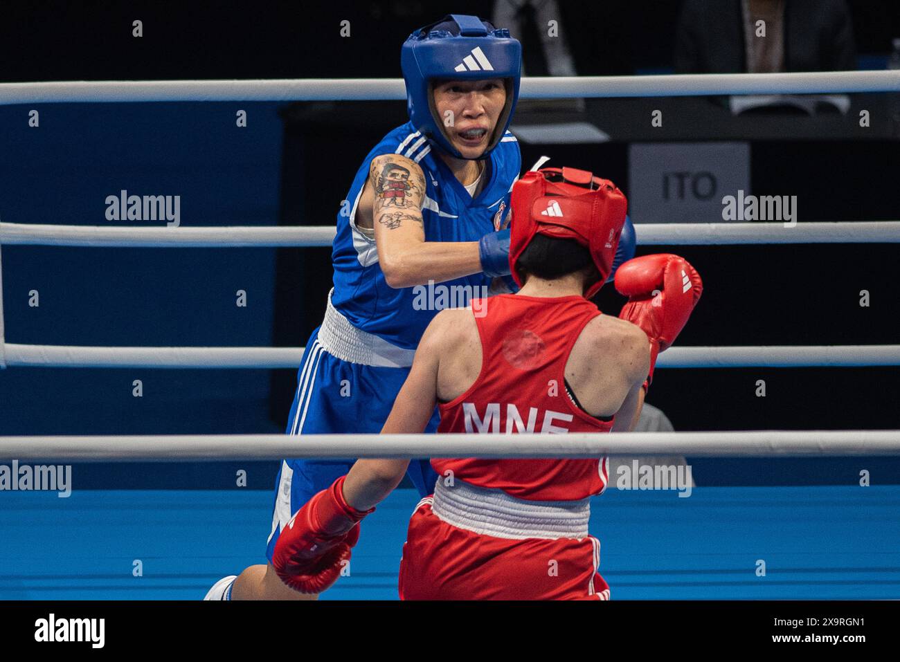 Bangkok, Thailand. 02nd June, 2024. Huang Hsiao Wen (Blue) of Chinese Taipei and Bojana Gojkovic ...