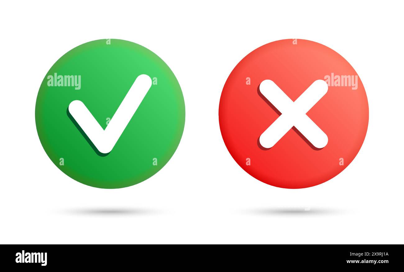 A green checkmark and red cross icons, isolated on a white background ...