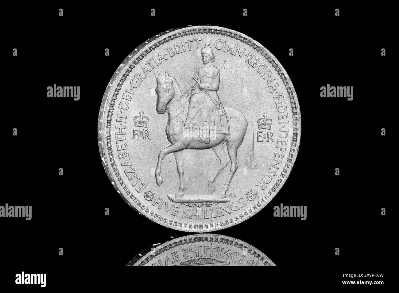 1953 5 Shillings United Kingdom showing Queen Elizabeth II on horseback ...