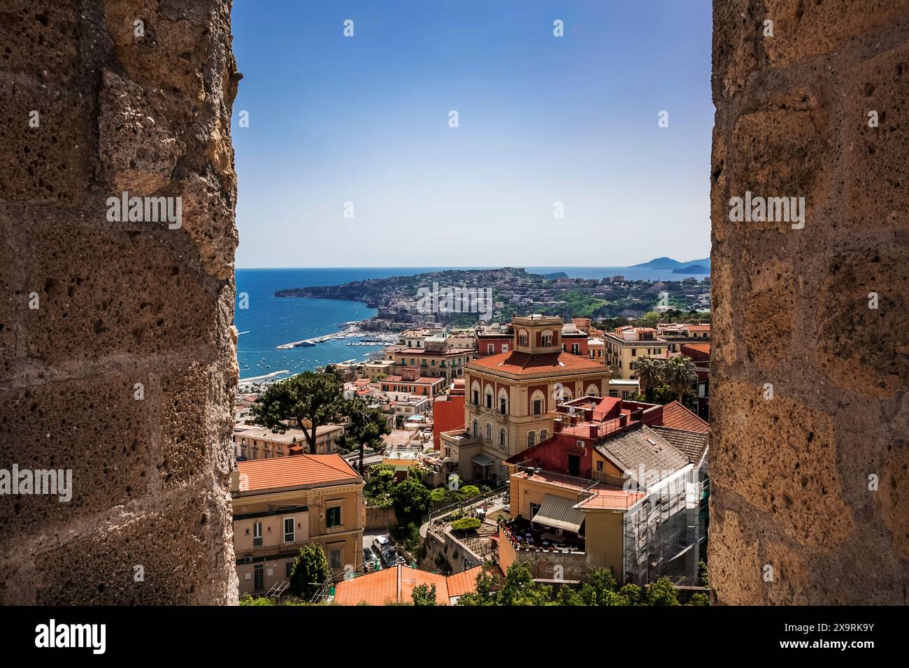 the panorama of Posillipo in Naples seen from the loophole of Castel ...